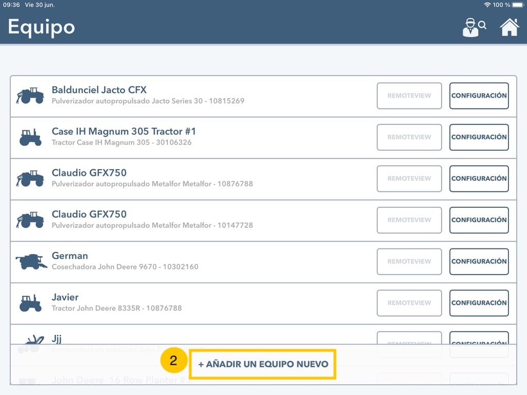 Configuración de la pulverizadora en FieldView™ Cab app.