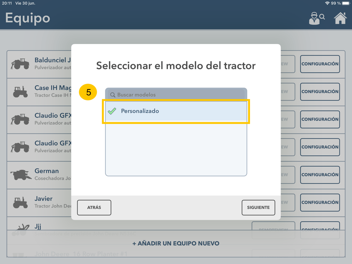 Configuración del tractor y la sembradora en FieldView™ Cab app