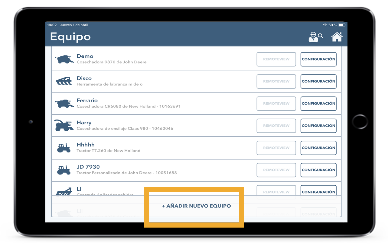 Configuración de cosechadora en FieldView™ Cab app