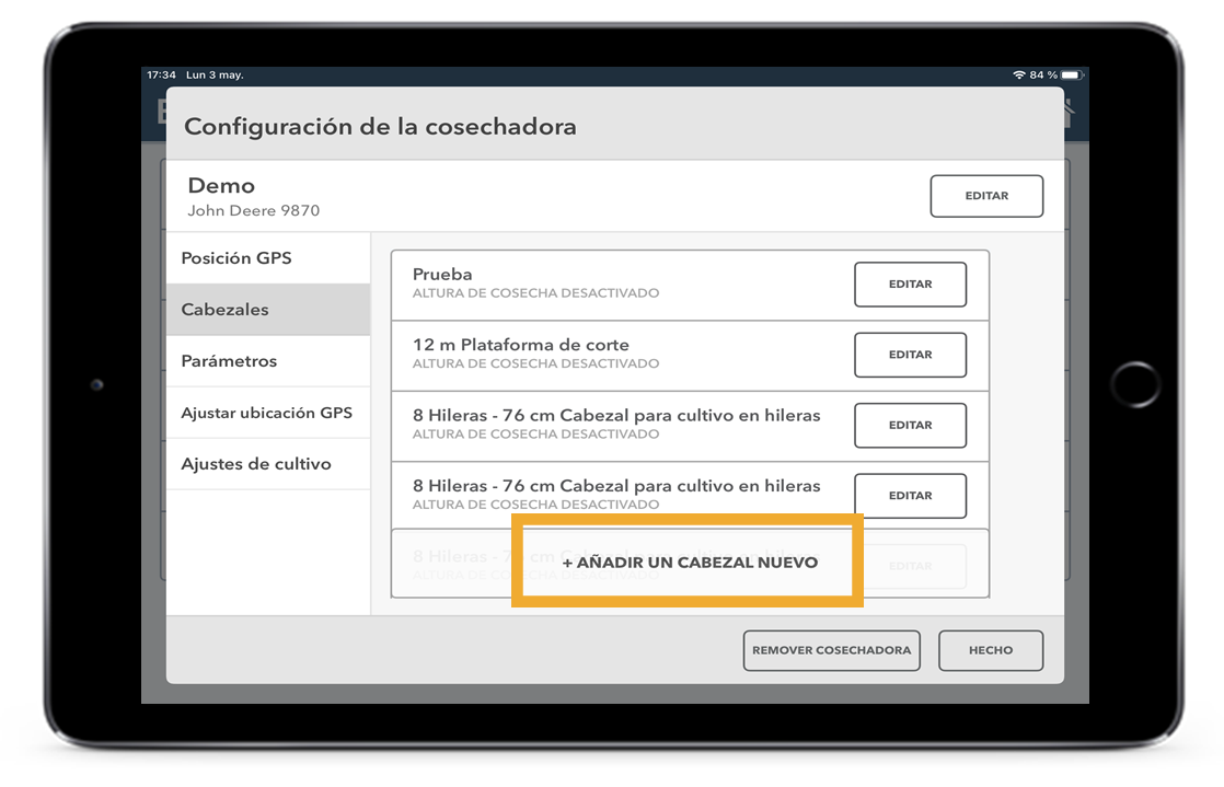 Configuración de cosechadora en FieldView™ Cab app