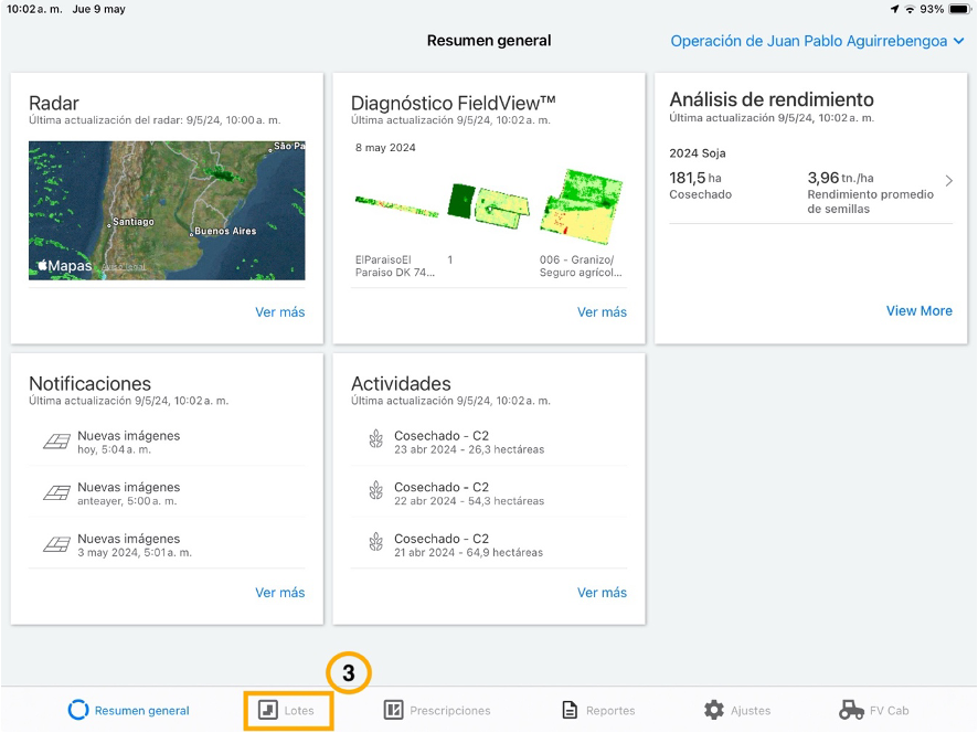 Reportes por región en FieldView™ Full app