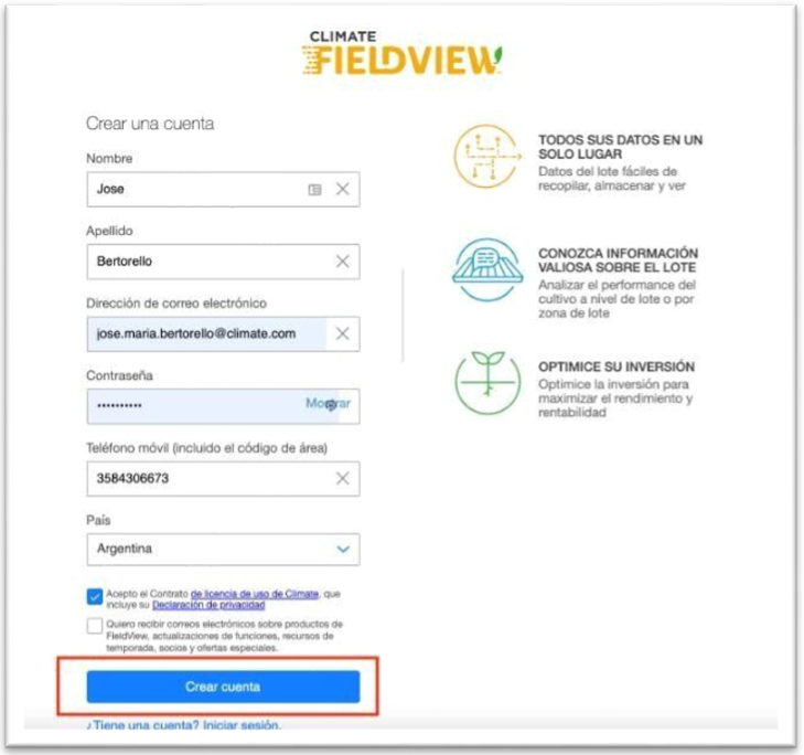 Cómo crear tu cuenta en FieldView™